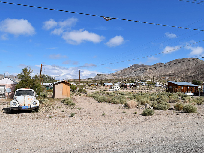 An old Volkswagen Beetle rests like a desert tortoise, having found its final parking spot in Darwin's sun-baked embrace.