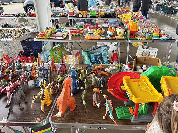 Toy dinosaurs and childhood treasures await new adventures. That T-Rex will soon be terrorizing Barbie's Dreamhouse in some lucky kid's bedroom.