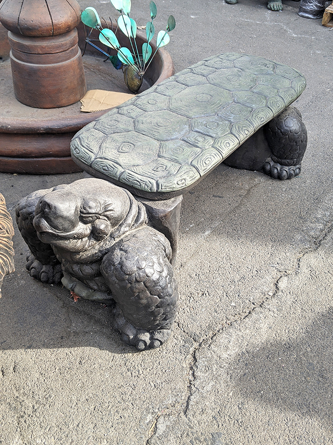 Garden art that doubles as functional seating. This turtle bench offers both conversation starter and resting spot for weary treasure hunters between discoveries.