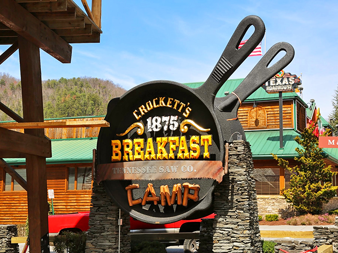 Not just a sign&mdash;it's a cast iron declaration! This skillet-shaped marker announces you've arrived at the promised land of breakfast abundance.