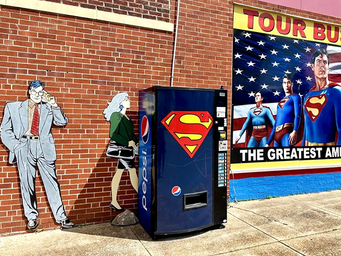 Even the vending machines wear capes in Metropolis, where Clark Kent and Lois Lane cutouts stand guard over Superman-branded Pepsi.
