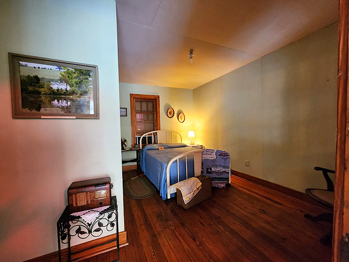 Peek into this meticulously recreated tourist cabin bedroom and imagine weary travelers grateful for a clean bed after a day of bumpy roads.