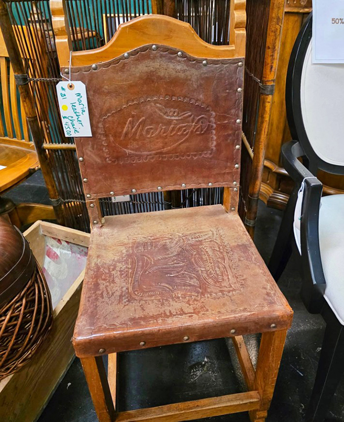 This hand-tooled leather "Monterey" chair tells stories of Western saloons and Spanish missions &ndash; functional art with a patina only decades can create.