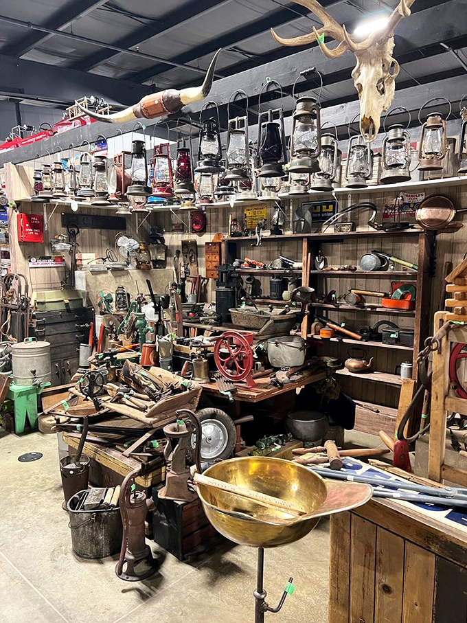 Tool enthusiasts and history buffs converge in this corner of mechanical wonders. That brass bowl has probably seen more interesting things than most people.