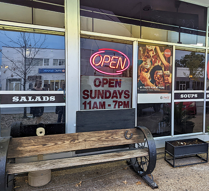 That welcoming bench outside says "take a load off" before you come in to take on a load of delicious Texas comfort food.