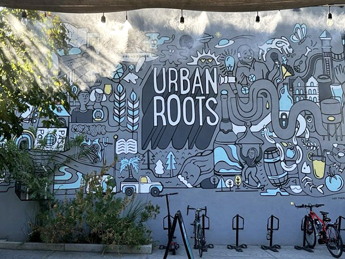 A whimsical mural tells Urban Roots' story in blue hues and playful illustrations &ndash; the perfect Instagram backdrop for your meat sweats.
