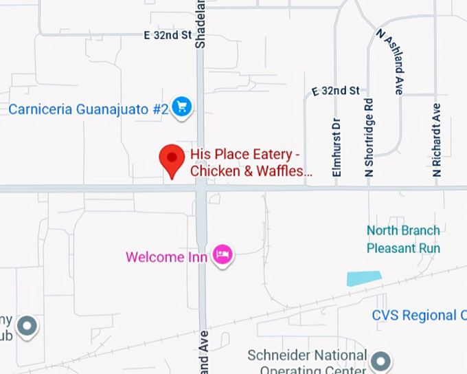 16. his place eatery chicken & waffles, ribs & soul food (30th & shadeland) map