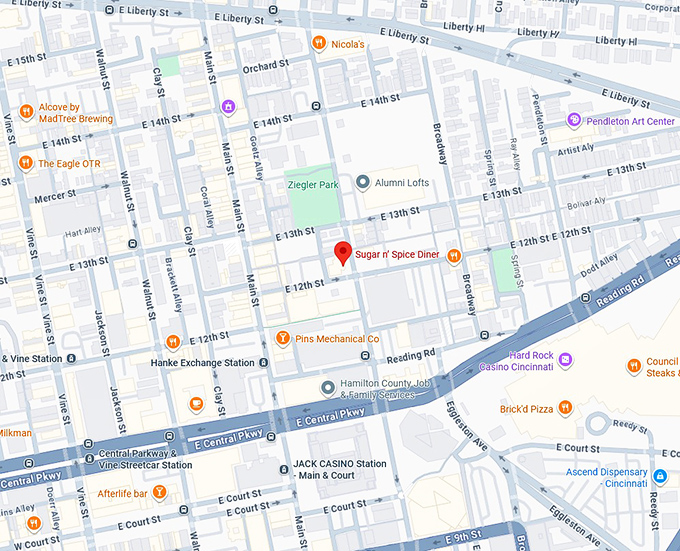 16. sugar n&rsquo; spice diner (1203 sycamore st) map