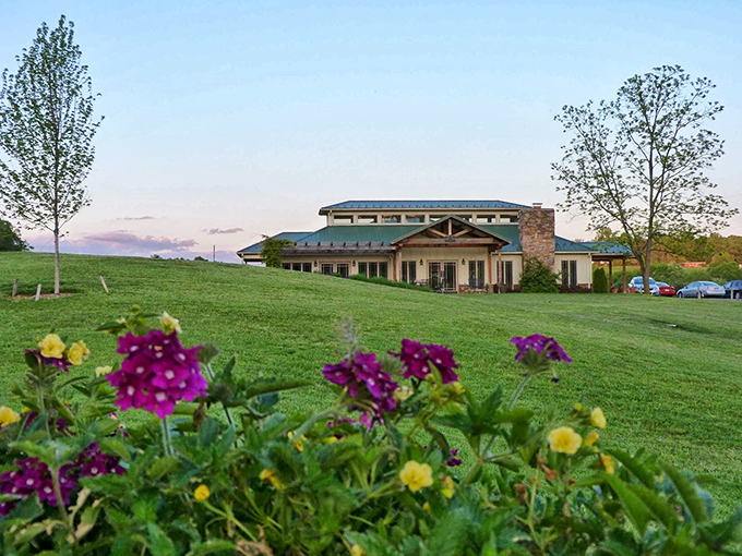 Colorful summer blooms at West Wind Farm Vineyards & Winery greet you from a grassy hillside under a soft twilight sky.