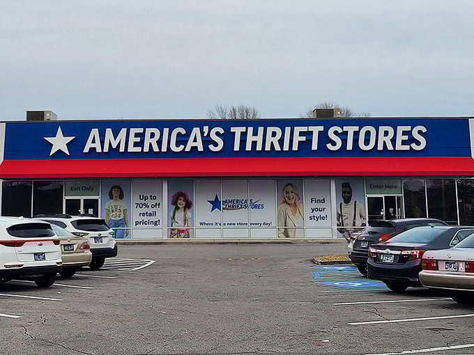 That patriotic red, white, and blue storefront promises treasures inside like a retail version of Uncle Sam's attic.