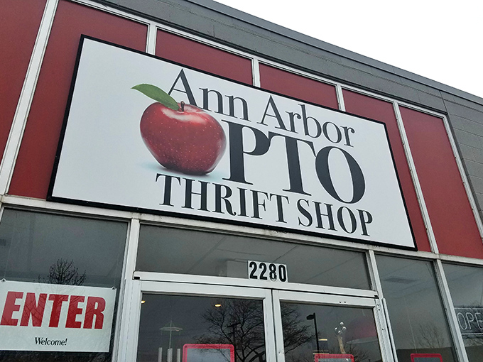 That welcoming red apple logo promises treasures inside - like a friendly neighborhood garage sale that never ends.