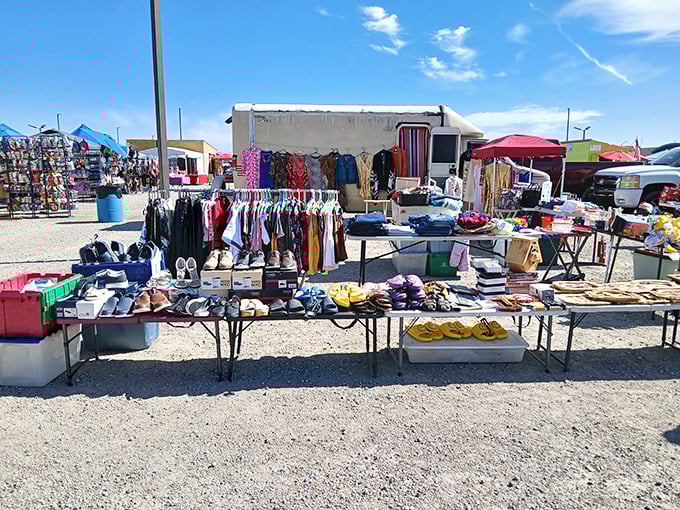Like a treasure chest that spilled onto tables, this vendor's colorful display tempts bargain hunters with endless possibilities.