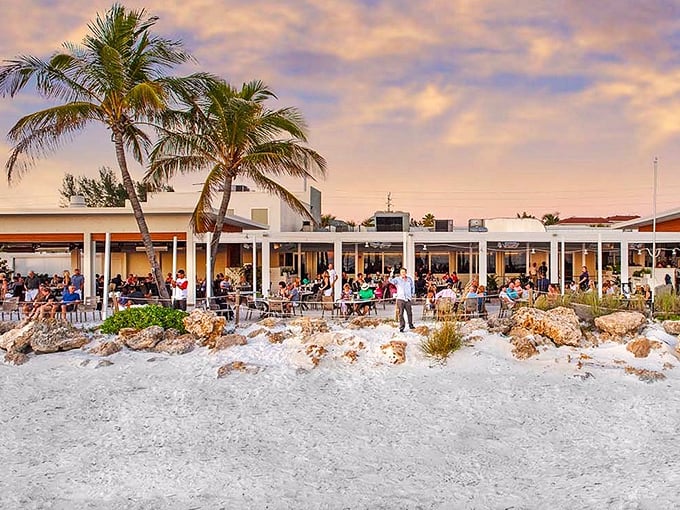 Sunset paradise! The Beach House transforms golden hour into dinner theater, with swaying palms standing guard over happy diners with toes practically in the Gulf.