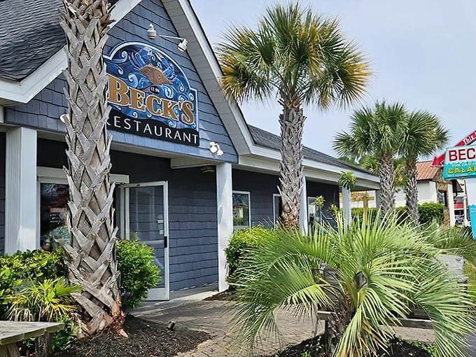 Beck's Restaurant welcomes you with palm trees and coastal charm that whispers "seafood paradise ahead."