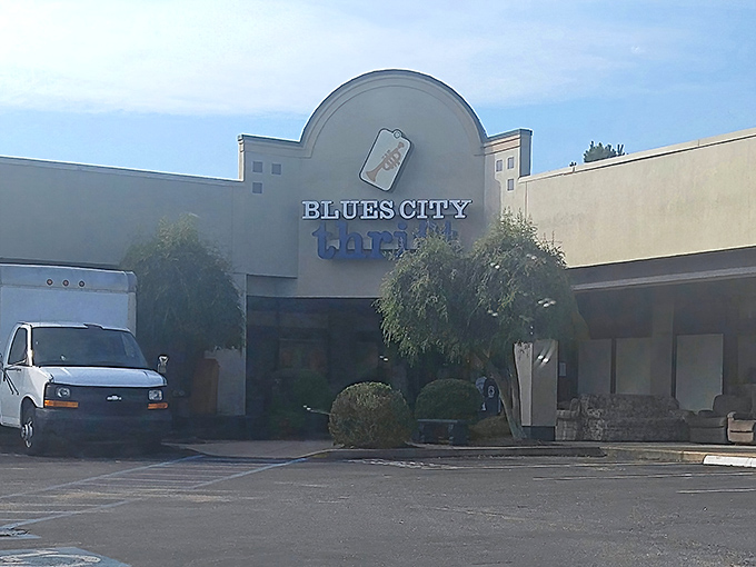 Like a Memphis blues song, this thrift store's curved facade promises soulful discoveries inside.