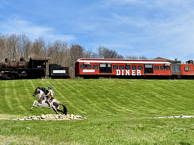 All aboard the flavor express! This red train car diner proves the best journeys end with comfort food.