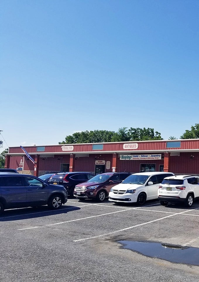 Look at that parking lot - when antique lovers gather like this, you know treasures await inside those red doors.