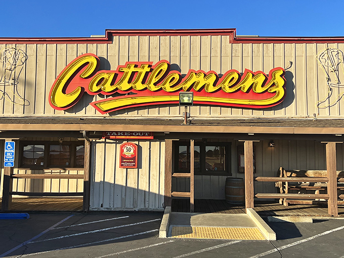 That classic Western storefront promises serious steaks inside – no fancy frills, just honest beef.