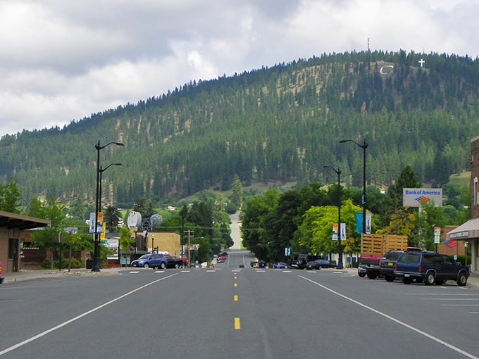 Main Street Colville stretches ahead like a Norman Rockwell painting come to life, complete with mountain backdrop.