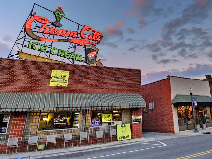 That neon sign glows like a beacon calling you home to simpler times and sweeter treats.
