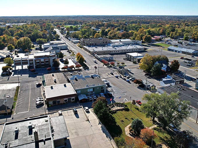 Small-town America from above reveals its timeless charm and tree-lined streets perfectly.
