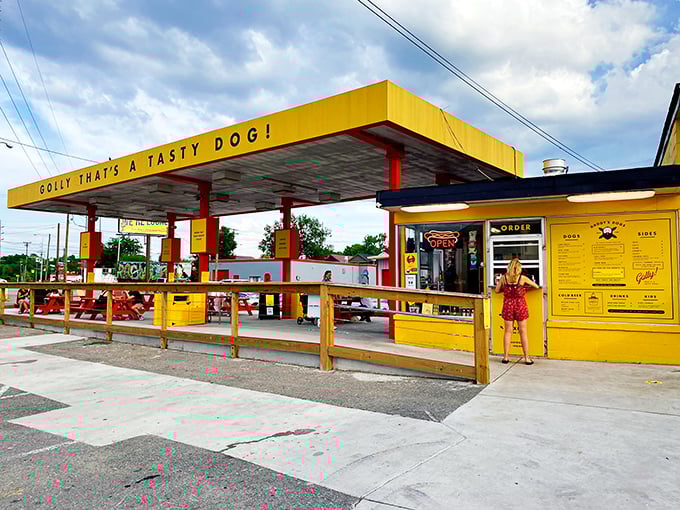 That bright yellow canopy isn't just for show - it's a beacon calling all hot dog lovers home.