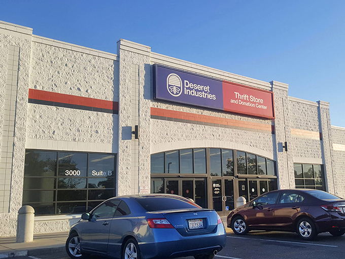 The clean, bright exterior of Deseret Industries promises treasure hunting without the usual thrift store chaos. A bargain hunter's paradise awaits!