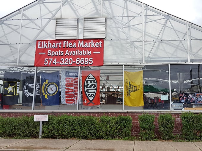 The Elkhart Flea Market's entrance promises treasures inside, like a gateway to a bargain hunter's paradise.