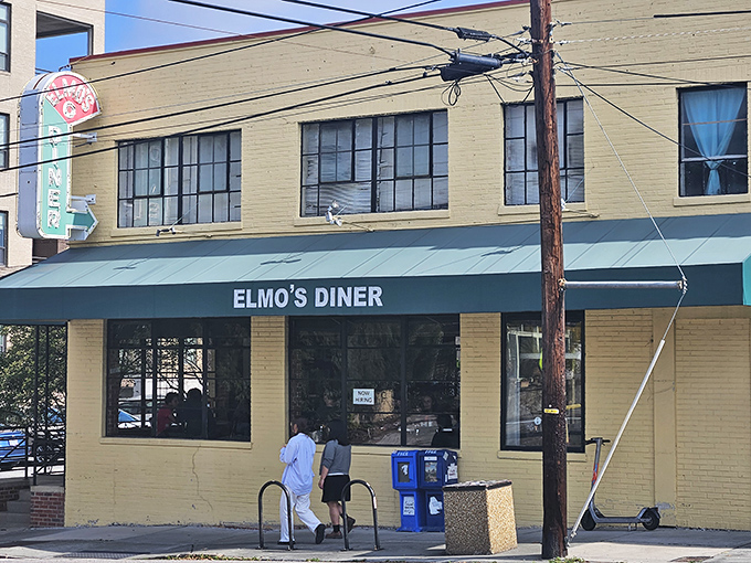 Classic yellow brick meets timeless comfort - Elmo's Diner looks like breakfast dreams come true.