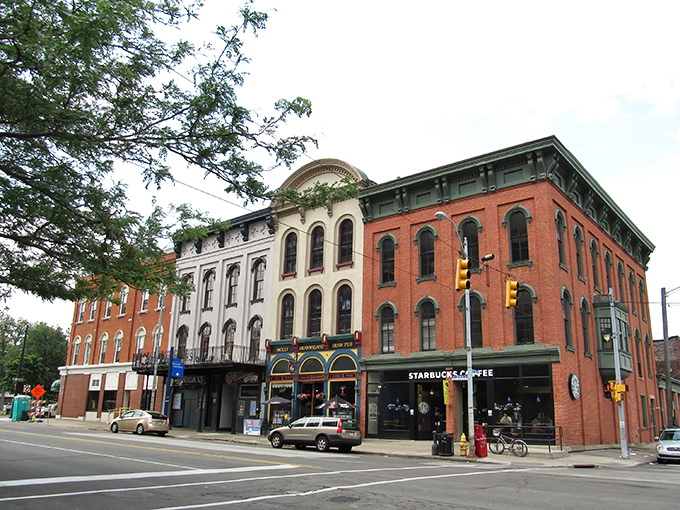 Historic brick buildings line Erie's downtown streets, where affordable dining options hide in plain sight.