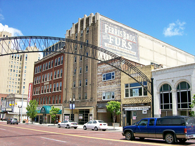 Historic downtown Flint showcases beautiful brick architecture and vintage signage, a glimpse into Michigan's industrial heritage.