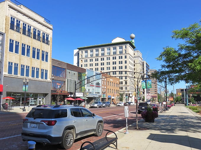 Flint's downtown shows off its revitalized spirit with modern buildings and tree-lined streets perfect for leisurely strolls.