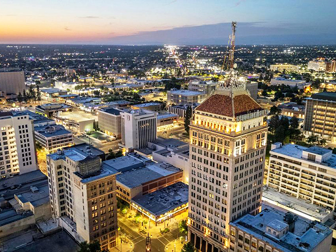 Downtown Fresno sparkles like a jewel box at twilight - who knew the Central Valley could look this magical? 