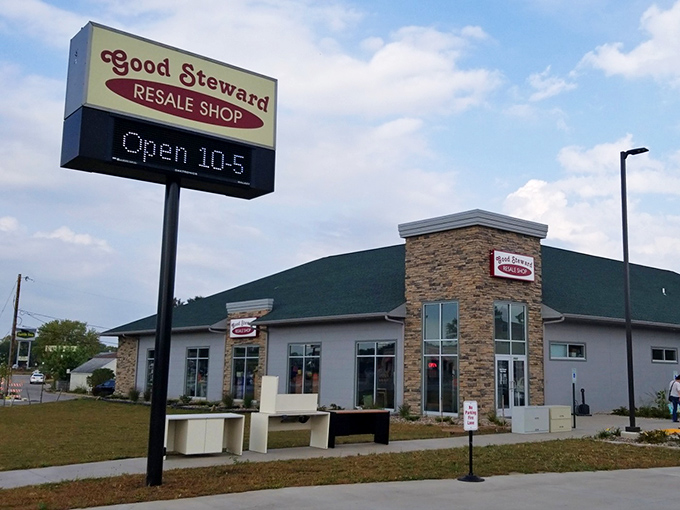 That modern storefront promises treasures inside - like a suburban oasis for bargain hunters everywhere.