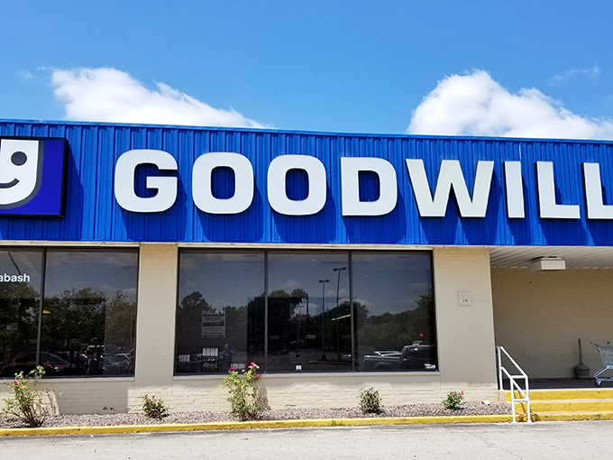 That familiar blue storefront promises treasures inside - like a garage sale that never ends!