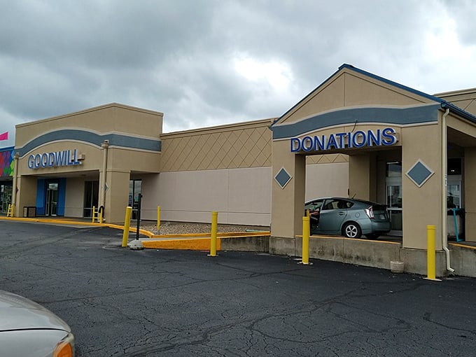 The blue-trimmed Goodwill in Topeka stands ready for treasure hunters. That donation area has seen everything from grandma's china to last season's fashion finds!