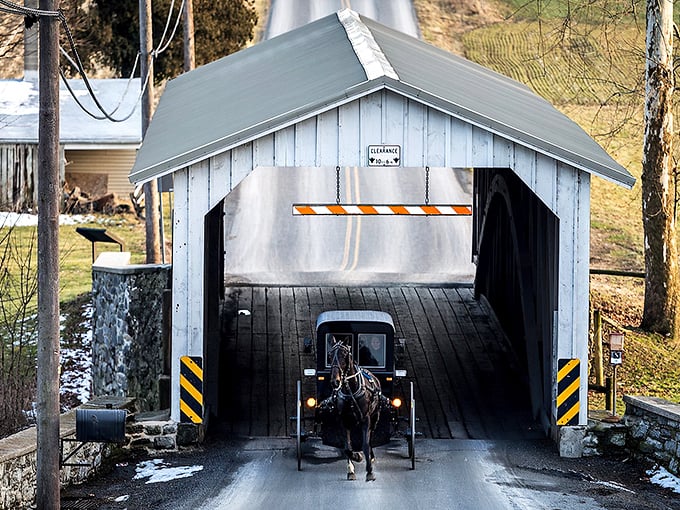 Horse and buggy crossing a covered bridge - because some GPS routes never go out of style in Amish country.