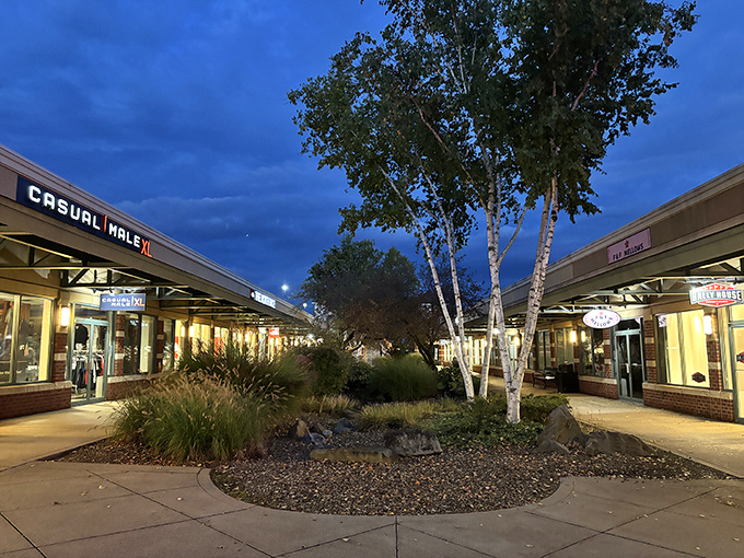 Evening lights transform this outdoor shopping paradise into something magical and inviting for bargain hunters.