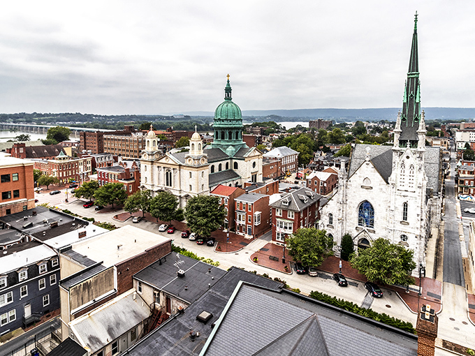 Harrisburg's skyline showcases its historic charm with beautiful church spires and classic architecture nestled along the Susquehanna River.