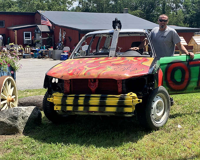 A colorful art car that looks like it escaped from Burning Man sits proudly outside Hidden Treasures. Someone's trash became someone else's masterpiece!