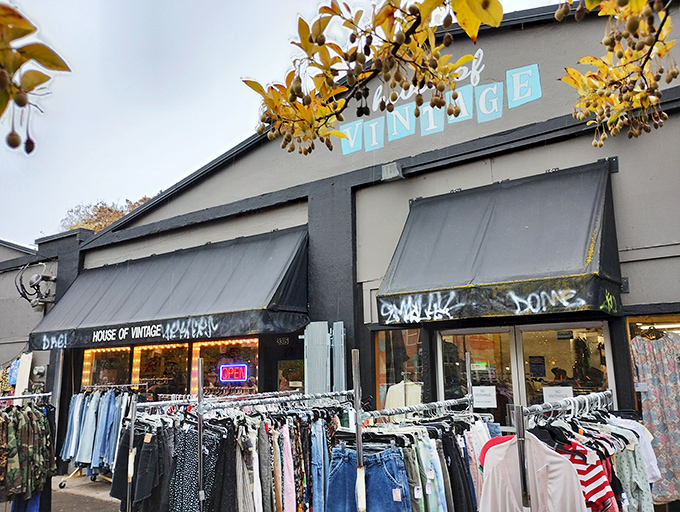 House of Vintage's colorful storefront promises decades of fashion treasures waiting inside this Portland gem.