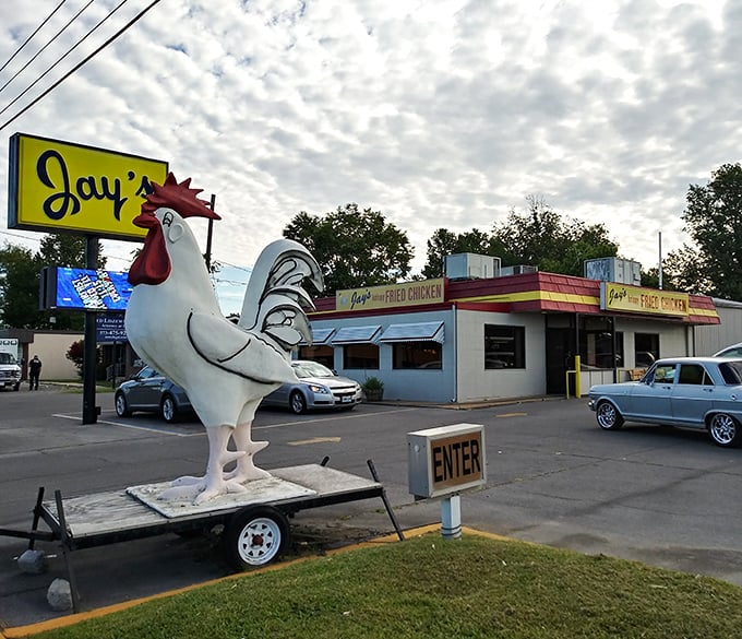 That giant rooster isn't just decoration &ndash; it's a promise of the crispy perfection waiting inside.