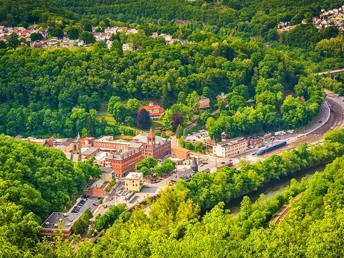 Jim Thorpe's red-brick charm nestled in emerald mountains – like finding a Victorian postcard come to life.