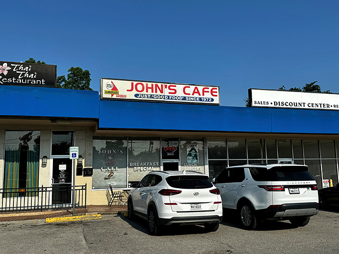John's Cafe proudly announces "Just Good Food Since 1972" with its bright blue exterior &ndash; a promise they've kept for five decades!