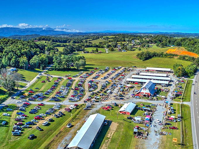 Aerial view of Jonesborough Flea Market - where treasure hunting becomes an Olympic sport with parking lots that rival small towns!