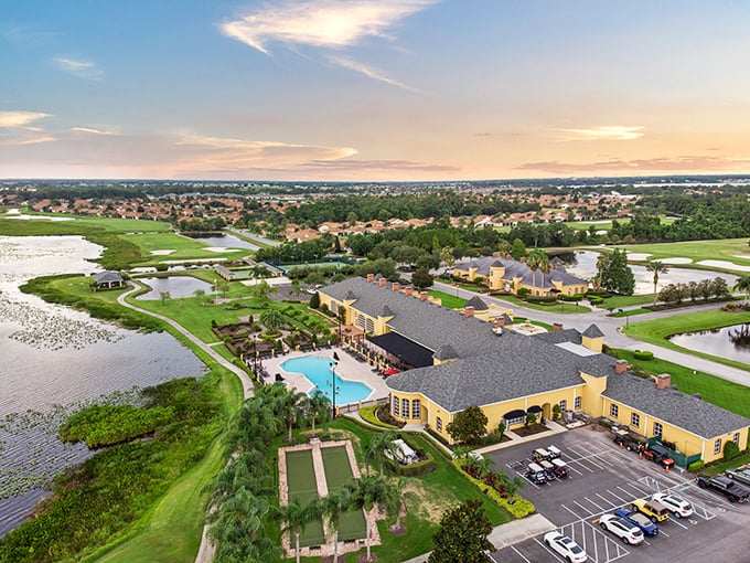 Aerial paradise reveals where golf carts outnumber cars and every sunset comes with lake views.