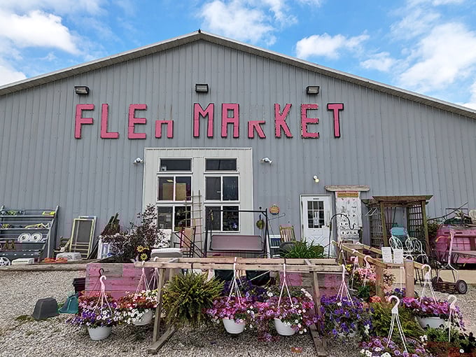 That bright pink "FLEA MARKET" sign isn't just advertising - it's practically shouting "treasures inside!"