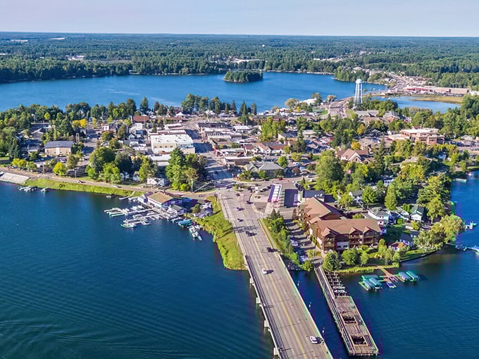 Minocqua from above looks like nature's jigsaw puzzle&mdash;blue waters embracing a town that refuses to be landlocked.
