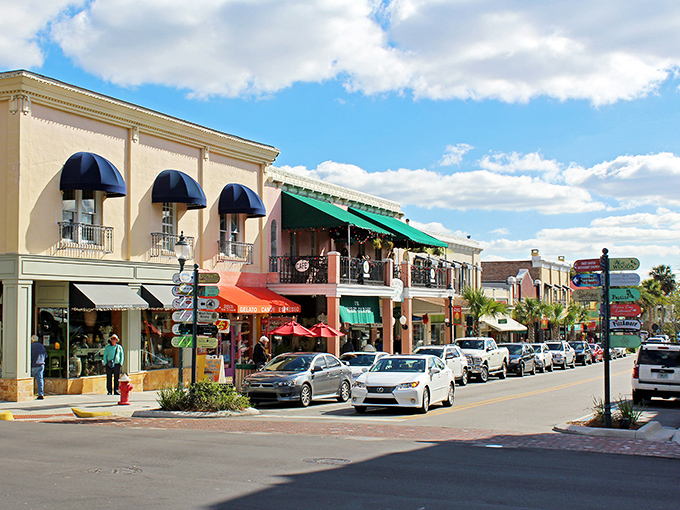 Mount Dora's charming main street looks like a movie set with its colorful awnings and historic buildings.