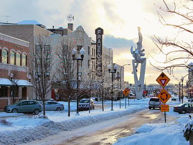 Winter transforms Muskegon's downtown into a postcard-perfect scene where snow blankets historic charm.